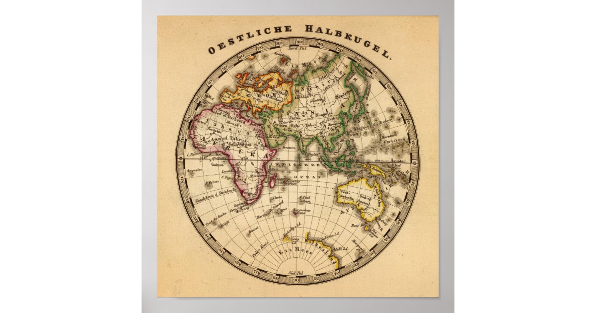 Engraved Eastern Hemisphere Map Poster | Zazzle