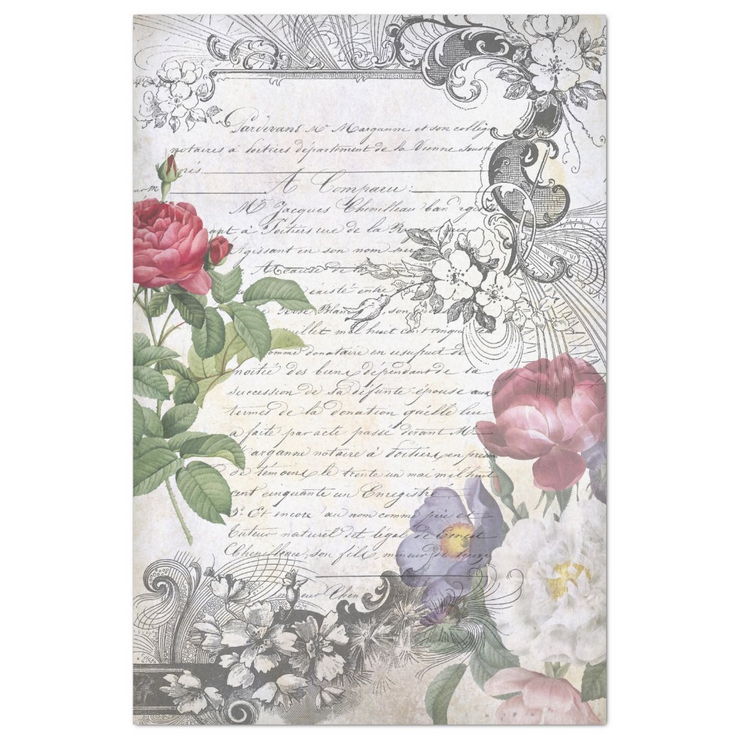Engraved Floral French Script Ephemera Decoupage Tissue Paper | Zazzle