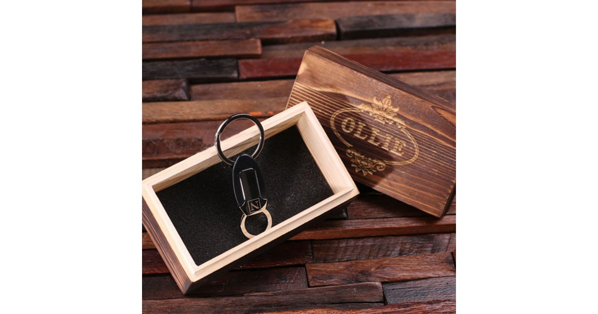Engraved Gift Box with Leather & Steel Keychain | Zazzle