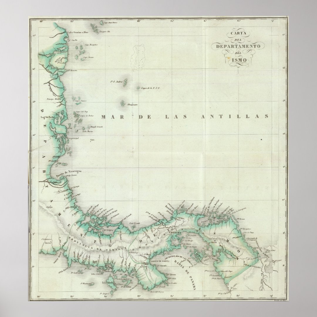 Engraved Map of Panama Poster | Zazzle