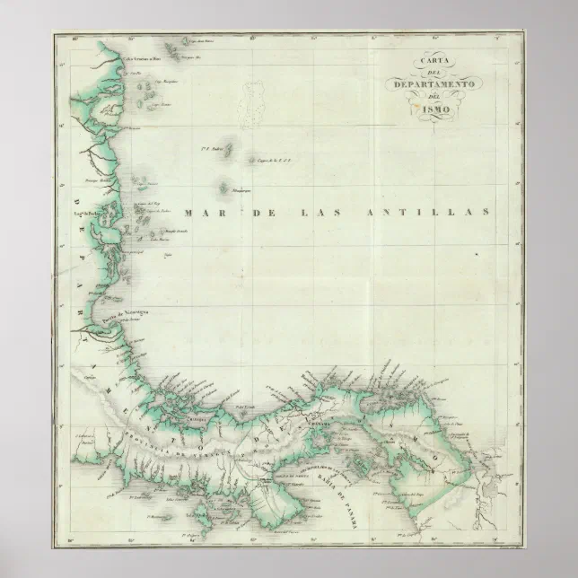 Engraved Map of Panama Poster | Zazzle