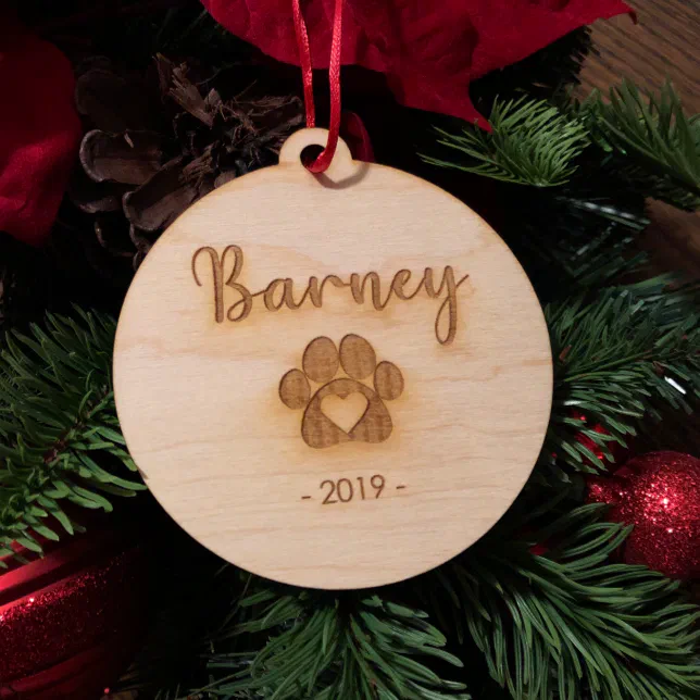 Engraved Paw Print Round Wooden Pet Ornament | Zazzle