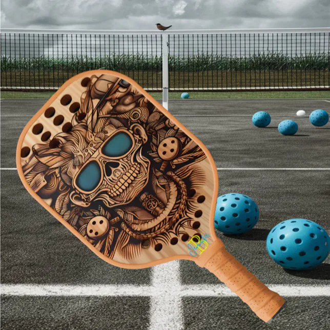 Engraved Skull and Flower Pickleball Paddle | Zazzle