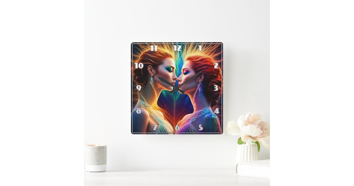 Enigmatic Duality of Animated Red-Haired Models Square Wall Clock | Zazzle