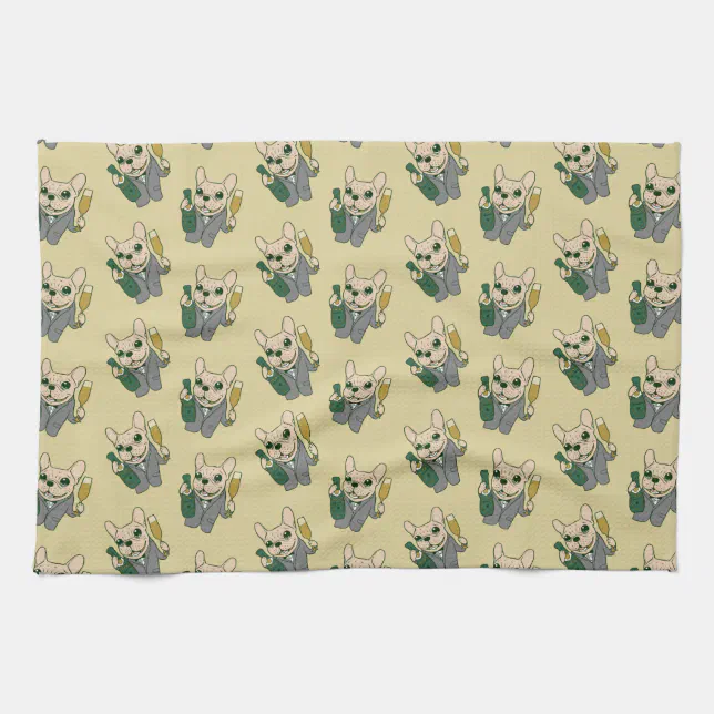 Enjoy Champagne with Frenchie at Your Celebration Kitchen Towel | Zazzle