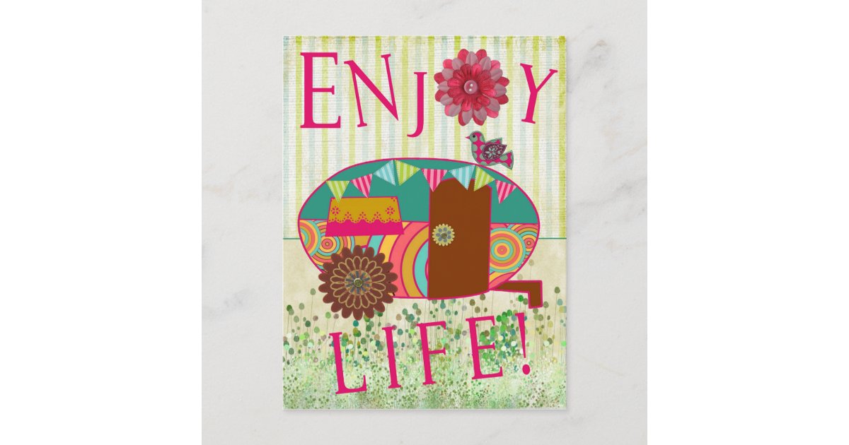 Enjoy Life Happy Camper Retro RV Trailer Postcard | Zazzle