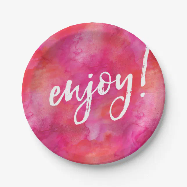 Enjoy party plate pink watercolour handwritten | Zazzle