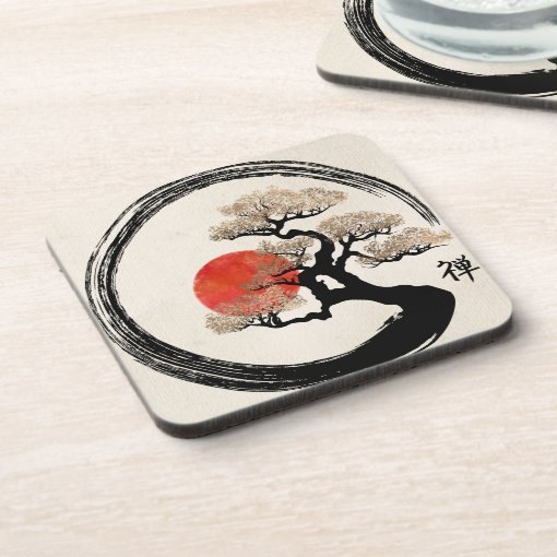Enso Circle and Bonsai Tree on Canvas Beverage Coaster | Zazzle