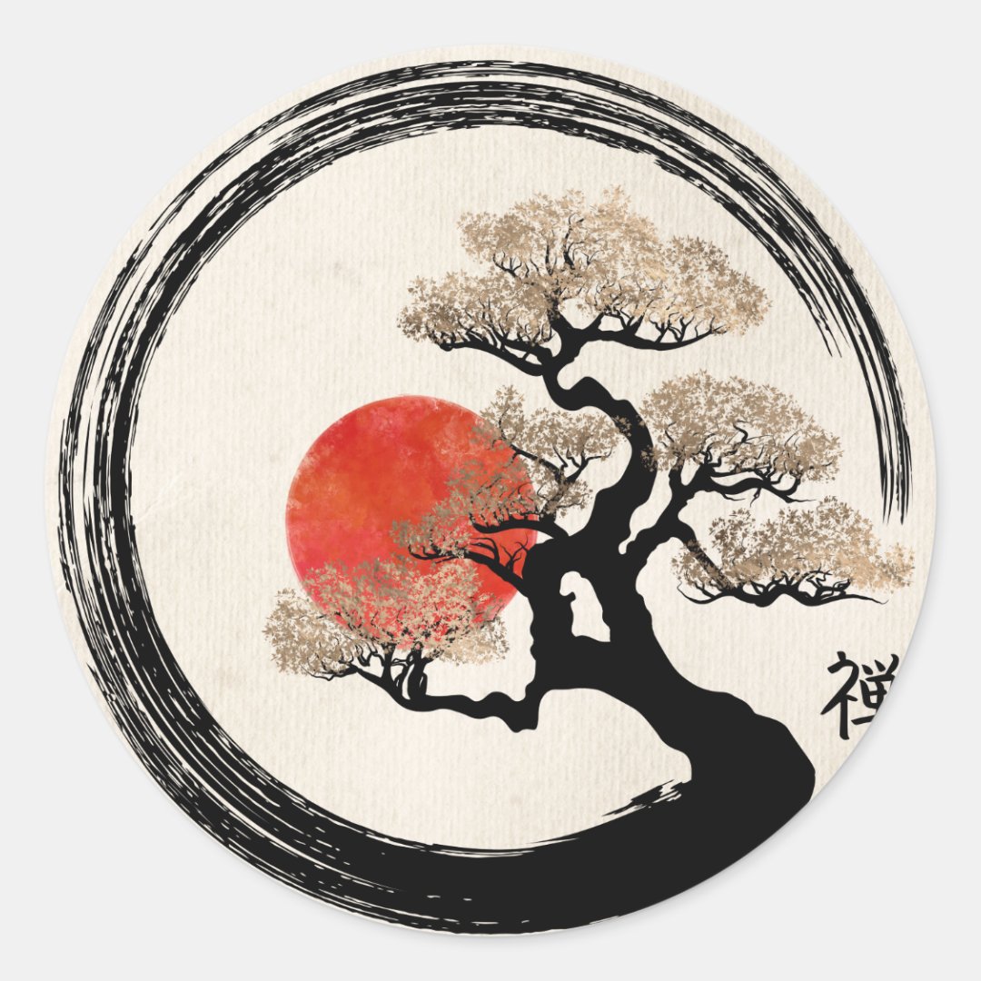 Enso Circle and Bonsai Tree on Canvas Classic Round Sticker | Zazzle