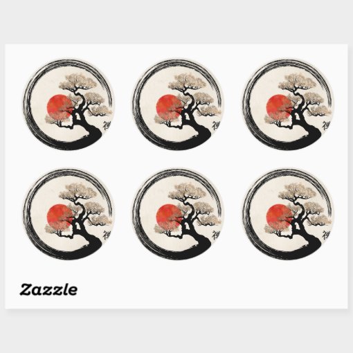 Enso Circle and Bonsai Tree on Canvas Classic Round Sticker | Zazzle