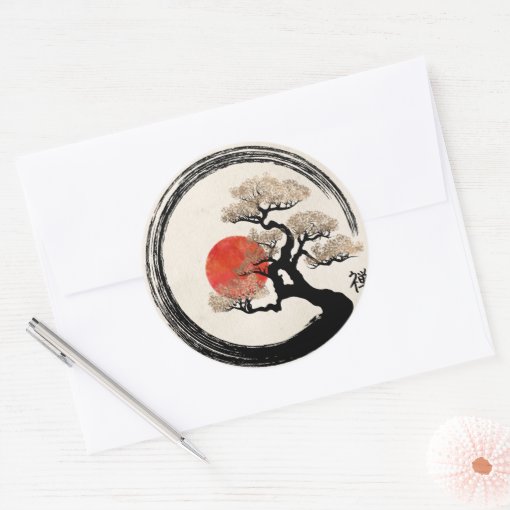 Enso Circle and Bonsai Tree on Canvas Classic Round Sticker | Zazzle