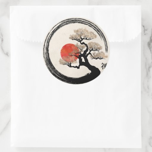 Enso Circle and Bonsai Tree on Canvas Classic Round Sticker | Zazzle