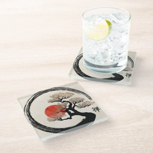 Enso Circle and Bonsai Tree on Canvas Glass Coaster | Zazzle