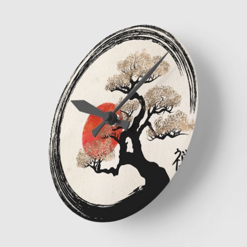 Enso Circle and Bonsai Tree on Canvas Round Clock | Zazzle