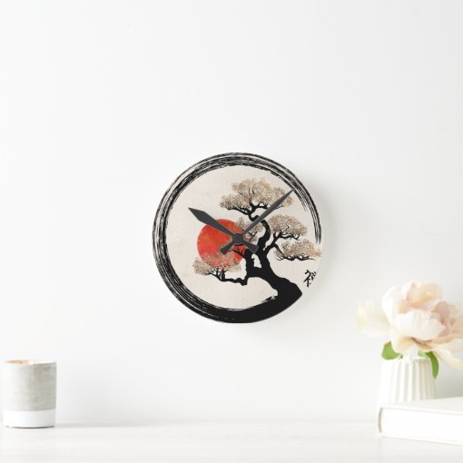 Enso Circle and Bonsai Tree on Canvas Round Clock | Zazzle