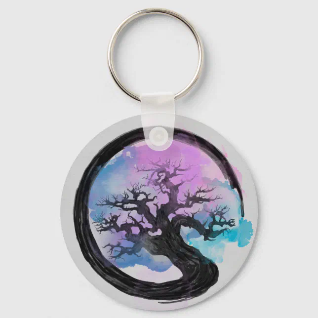 Enso Zen Circle and Bonsai Tree Alcohol Ink Keychain | Zazzle