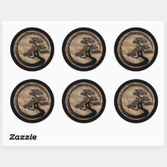 Enso Zen Circle and Bonsai Tree Gold Classic Round Sticker | Zazzle
