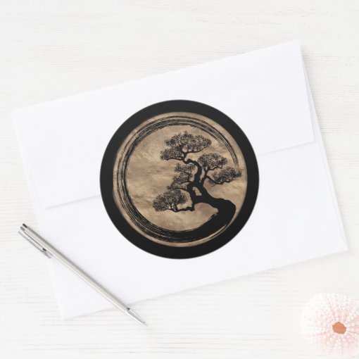 Enso Zen Circle and Bonsai Tree Gold Classic Round Sticker | Zazzle