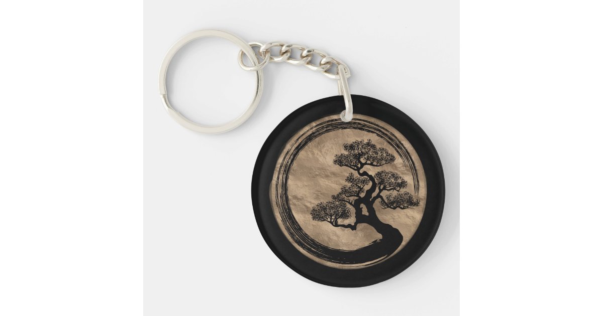 Enso Zen Circle and Bonsai Tree Gold Keychain | Zazzle
