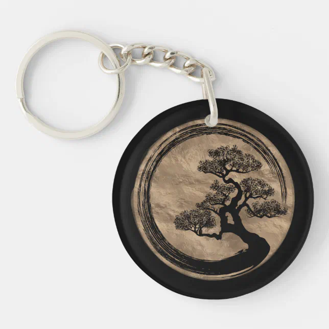 Enso Zen Circle and Bonsai Tree Gold Keychain | Zazzle