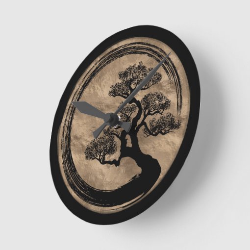 Enso Zen Circle and Bonsai Tree Gold Round Clock | Zazzle