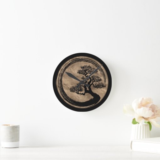 Enso Zen Circle and Bonsai Tree Gold Round Clock | Zazzle