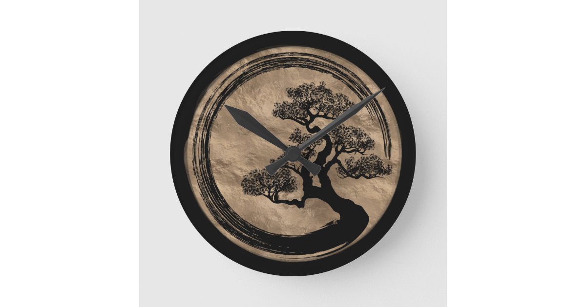 Enso Zen Circle and Bonsai Tree Gold Round Clock | Zazzle
