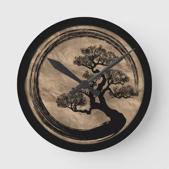 Enso Zen Circle and Bonsai Tree Gold Round Clock | Zazzle