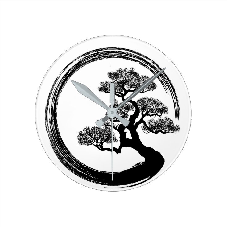 Enso Zen Circle and Bonsai Tree Round Clock | Zazzle