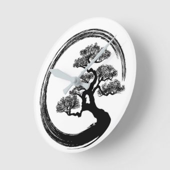 Enso Zen Circle and Bonsai Tree Round Clock | Zazzle