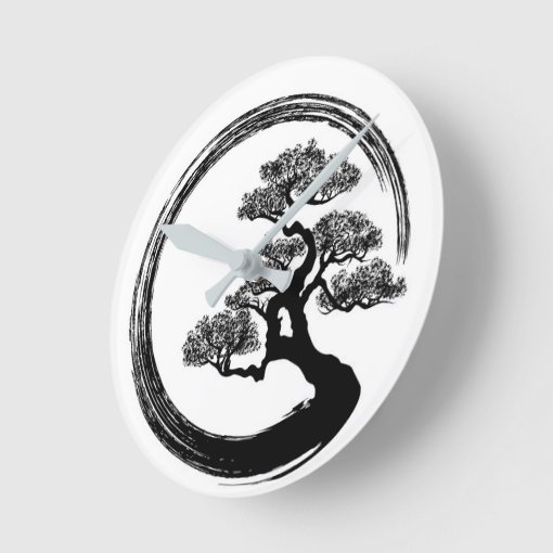 Enso Zen Circle and Bonsai Tree Round Clock | Zazzle