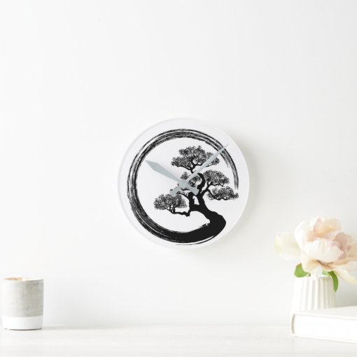 Enso Zen Circle and Bonsai Tree Round Clock | Zazzle