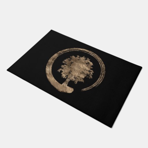 Enso Zen Circle and Tree - Gold on black Doormat | Zazzle