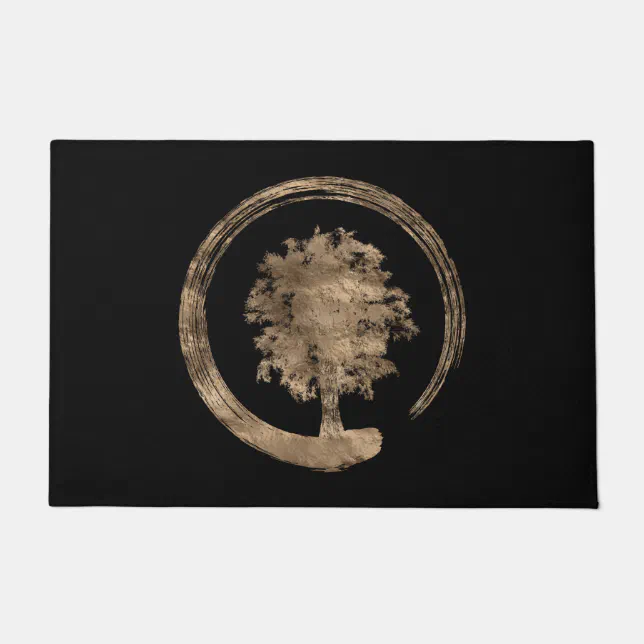 Enso Zen Circle and Tree - Gold on black Doormat | Zazzle