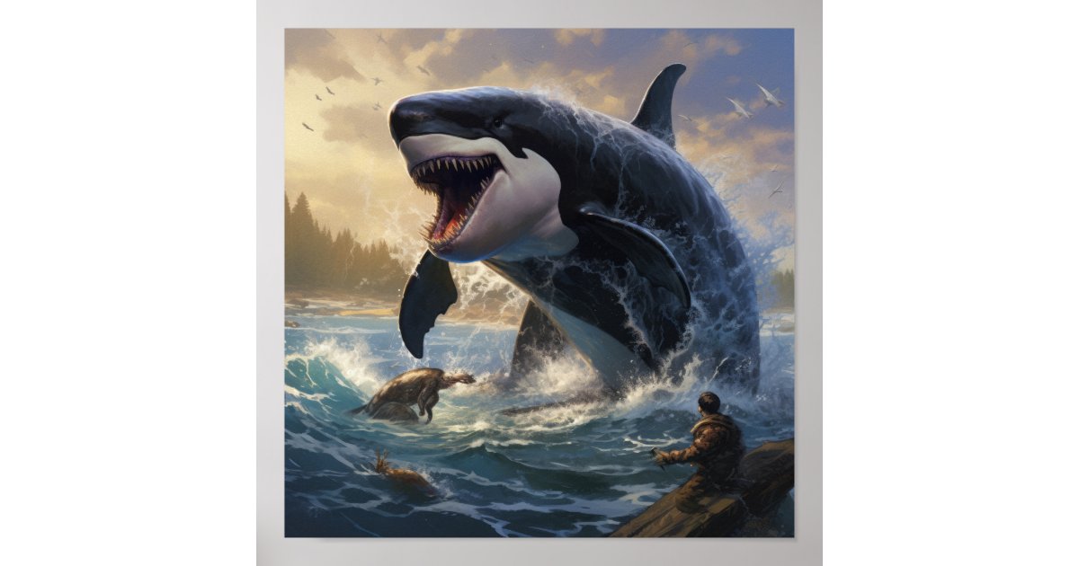 Epic Showdown: Gigantic Orca vs Mighty Megalodon P Poster | Zazzle
