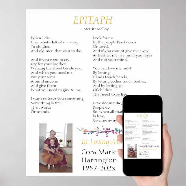 Epitaph Poem Custom Memorial Poster | Zazzle