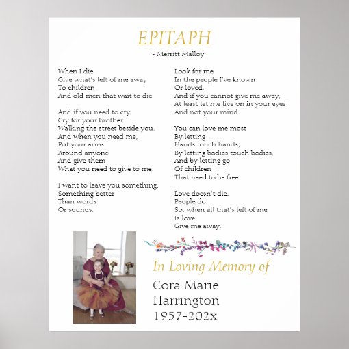 Epitaph Poem Custom Memorial Poster | Zazzle