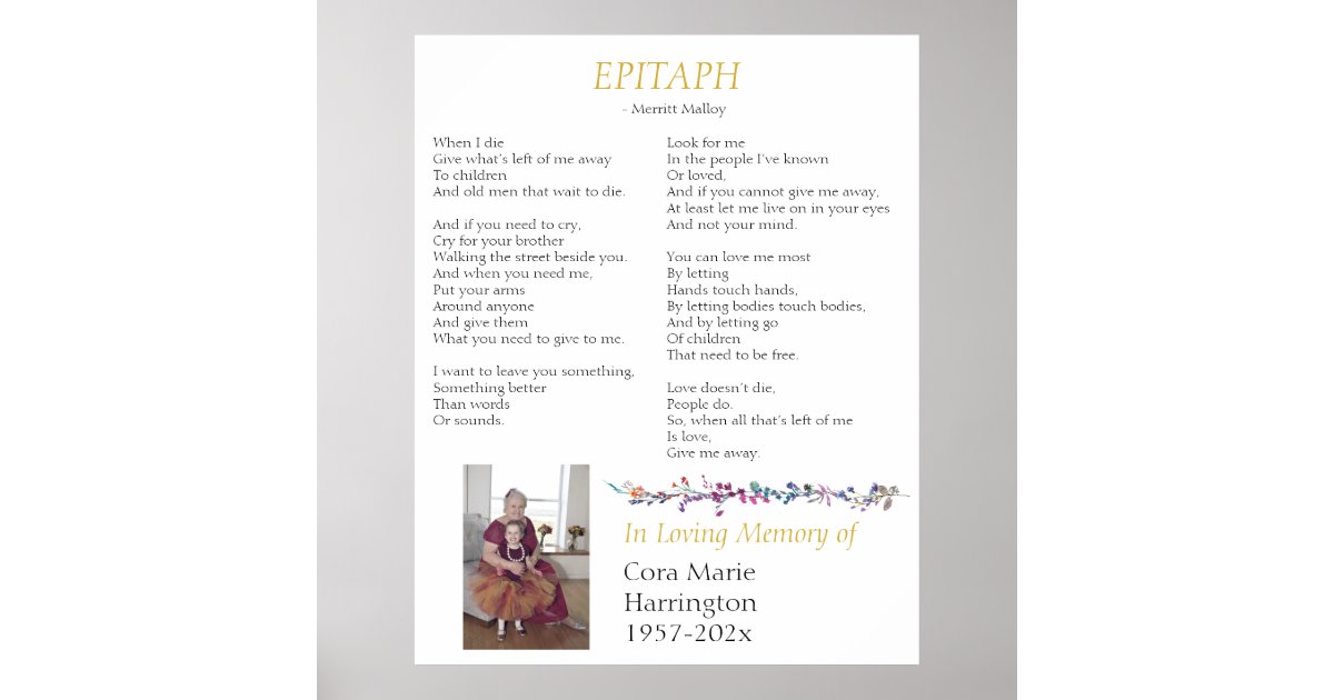 Epitaph Poem Custom Memorial Poster | Zazzle
