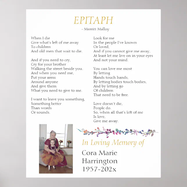Epitaph Poem Custom Memorial Poster | Zazzle