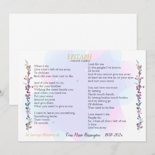 Epitaph Poem Watercolor Memorial Flat Card | Zazzle