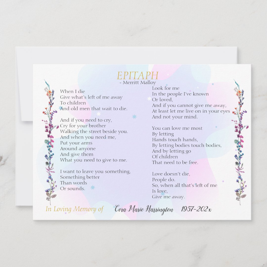 Epitaph Poem Watercolor Memorial Flat Card | Zazzle