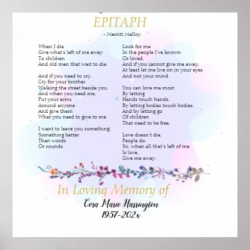 Epitaph Poem Watercolor Memorial Poster | Zazzle