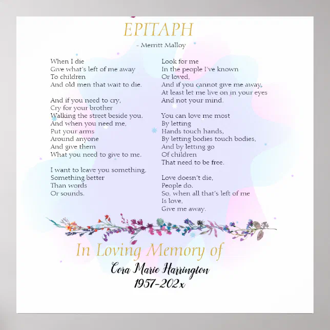 Epitaph Poem Watercolor Memorial Poster | Zazzle