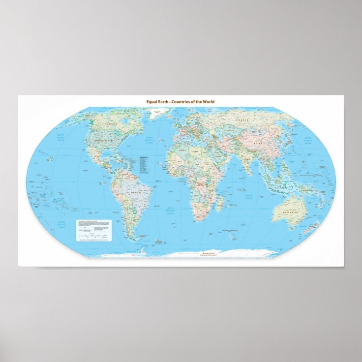 Equal-Earth World Map of Countries, Centered on 0° Poster | Zazzle