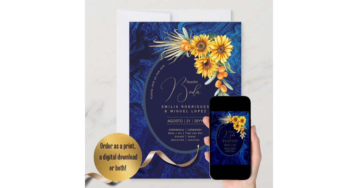 Espanol Invitación Boda Rustic Blue Sunflowers Inv Invitation | Zazzle