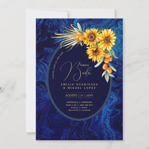Espanol Invitación Boda Rustic Blue Sunflowers Inv Invitation | Zazzle