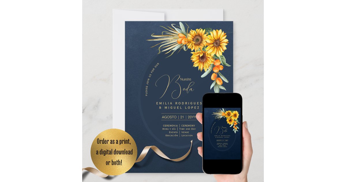 Espanol Invitación Boda Rustic Blue Sunflowers Invitation | Zazzle