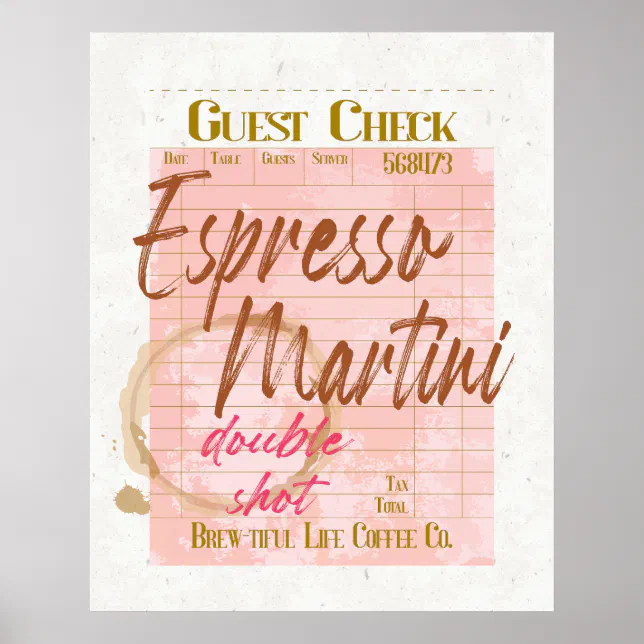Espresso Martini Guest Check Receipt Typography Poster | Zazzle