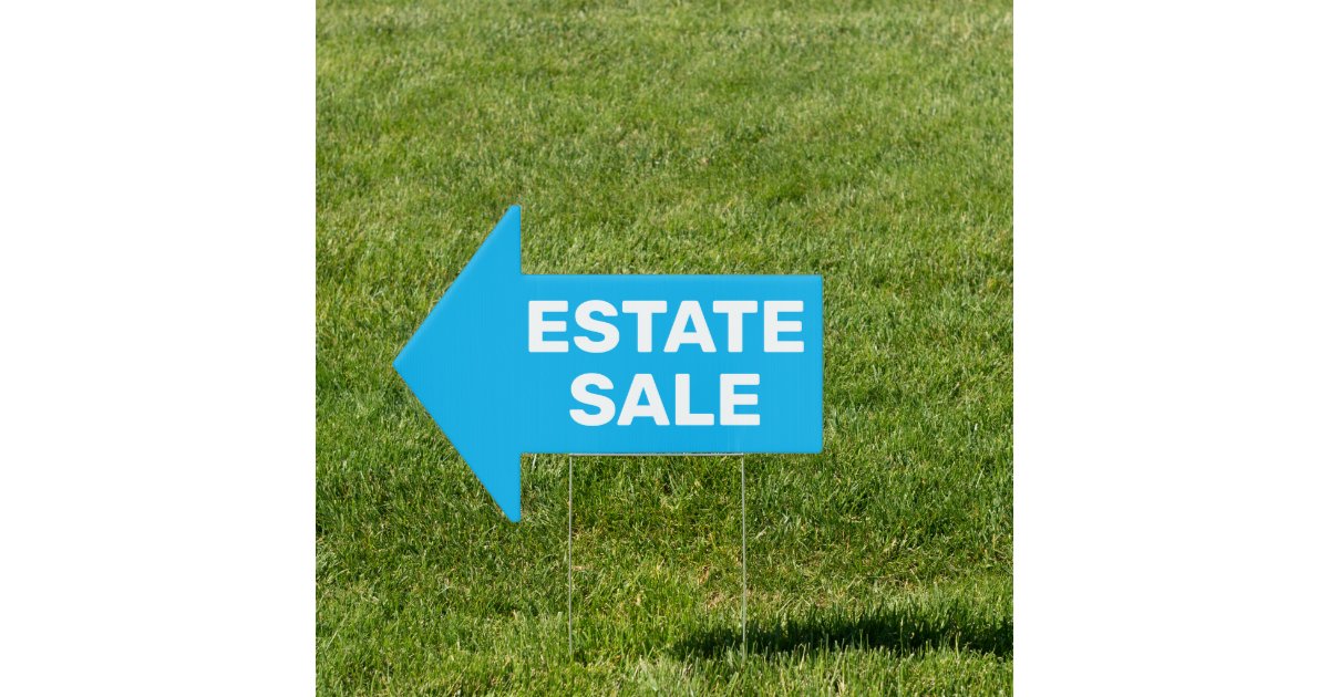Estate Sale bold white text on blue 2-sided Arrow Sign | Zazzle