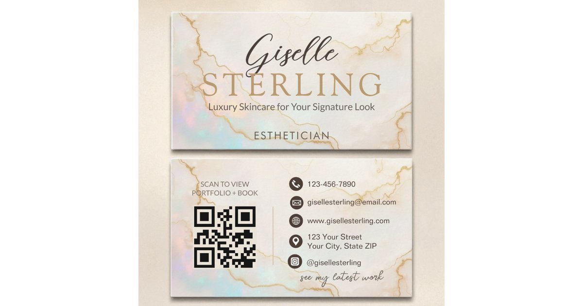 Esthetician Elegant Pearl Opal Gold Script Business Card | Zazzle